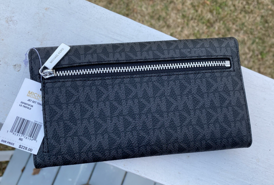 MICHAEL KORS JET SET TRAVEL LARGE TRIFOLD MK Signature WALLET Black | eBay
