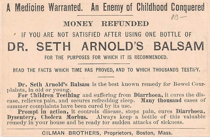 TRADE CARD ~ DR. SETH ARNOLD'S BALSAM MEDICAL REMEDY GILMAN BROS AGENT ...
