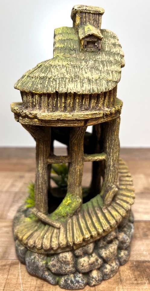 Rustic Wooden Fish Tank House Figurine Spiral Staircase Moss Accents ...