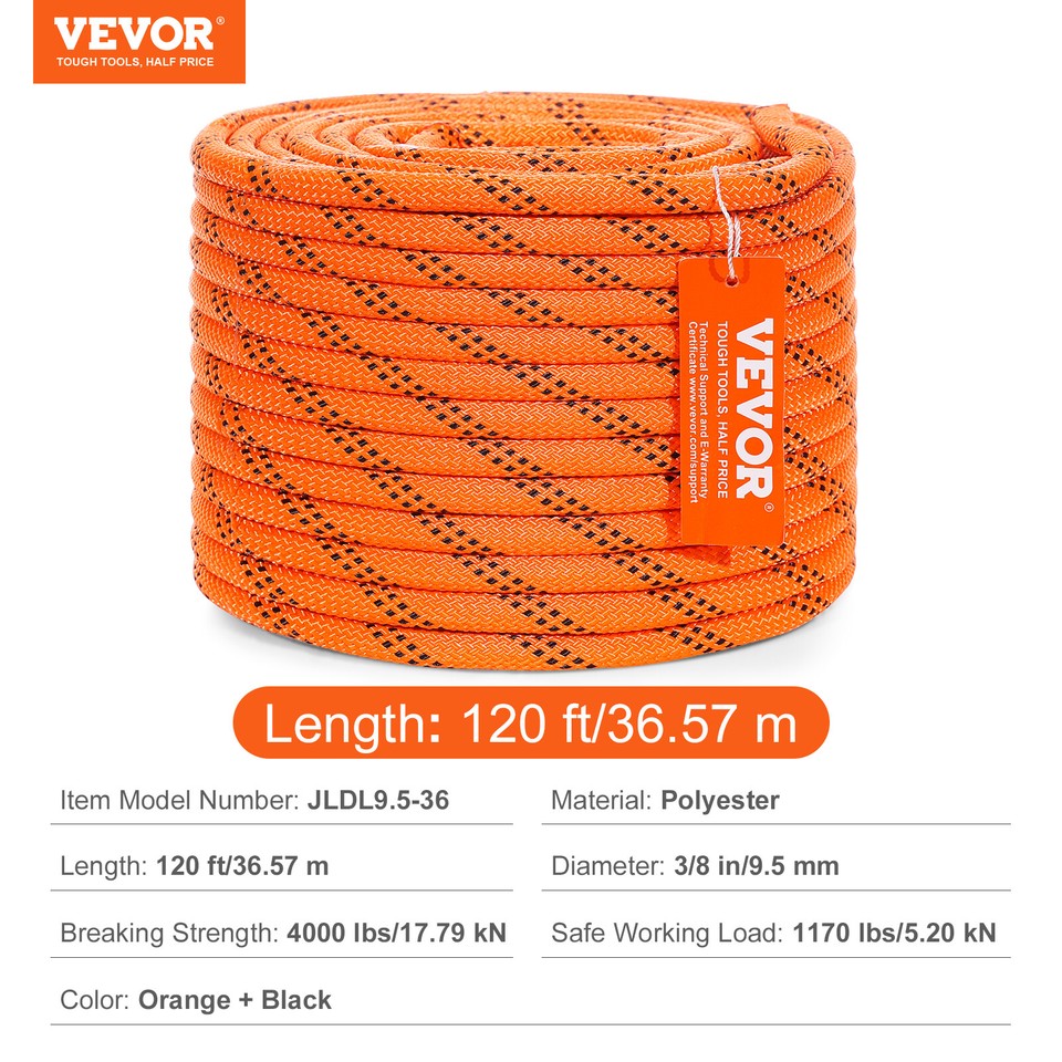 VEVOR Arborist Tree Climbing Rope Double Braid Polyester 3/8" x 120' 48 ...