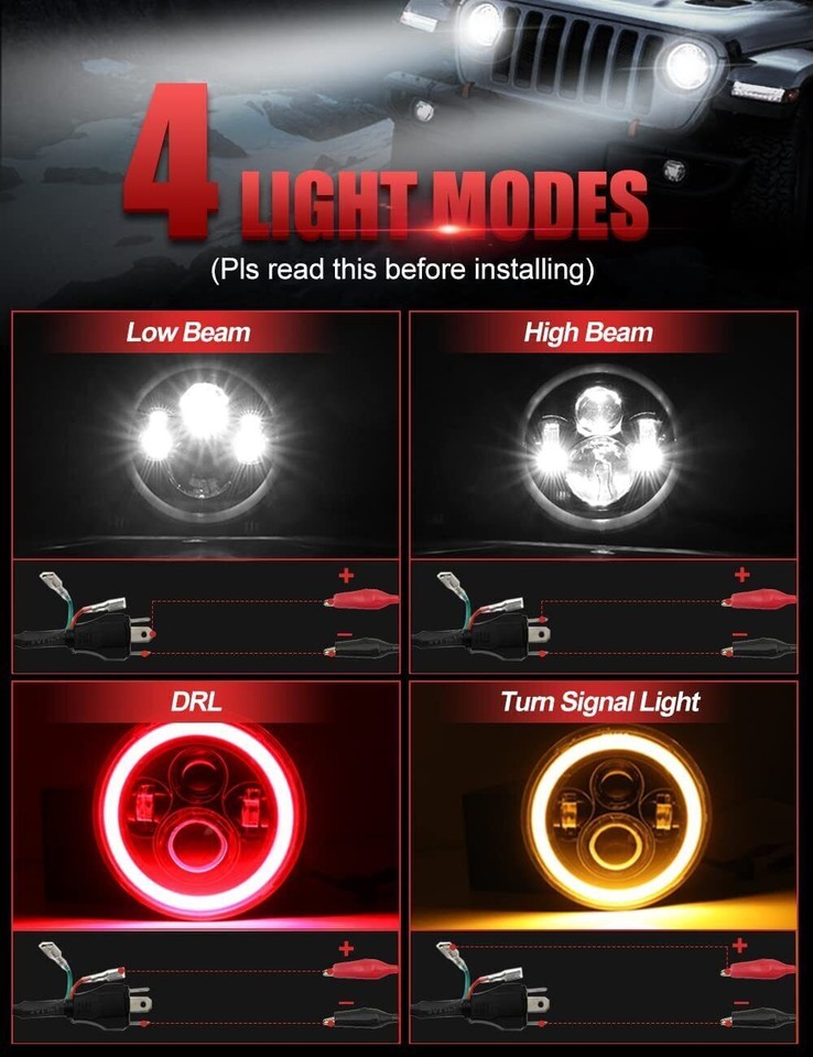 2pcs Fit VW Dune Buggy / Rail Buggy 7'' Round LED Headlights Red Halo ...