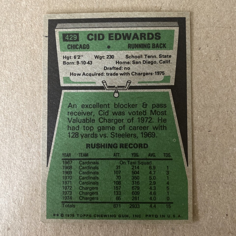 1975 Topps Football Cid Edwards Chicago Bears Card #429 | eBay