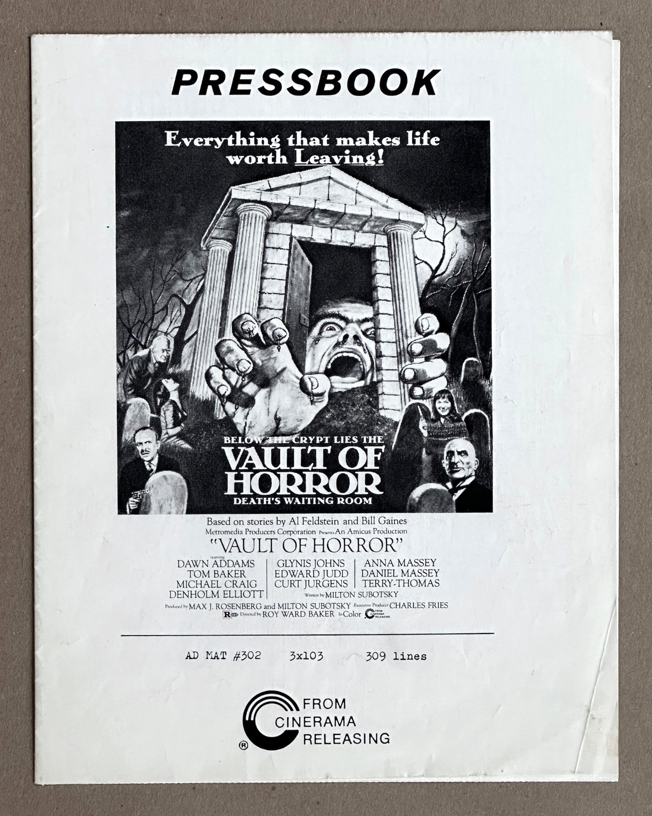 VAULT OF HORROR Roy Ward Baker TOM BAKER Dawn Addams GLYNIS JOHNS ...