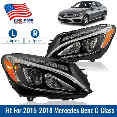 LED Headlight For 2015-2018 Mercedes Benz C-Class C300 W205 Pair Left ...