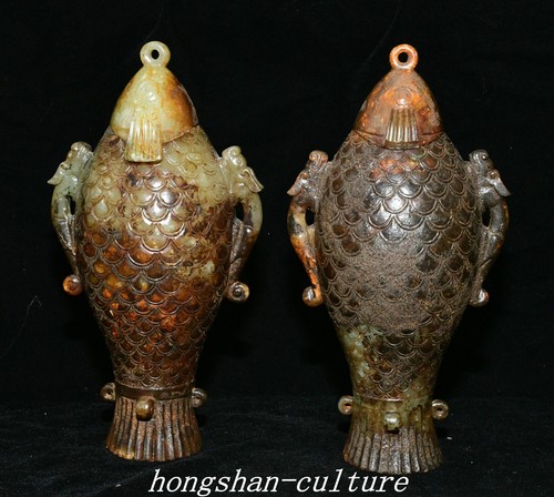 7.8'' Old Chinese Natural Hetian Jade Dragon Loong Fish Goldfish Bottle ...