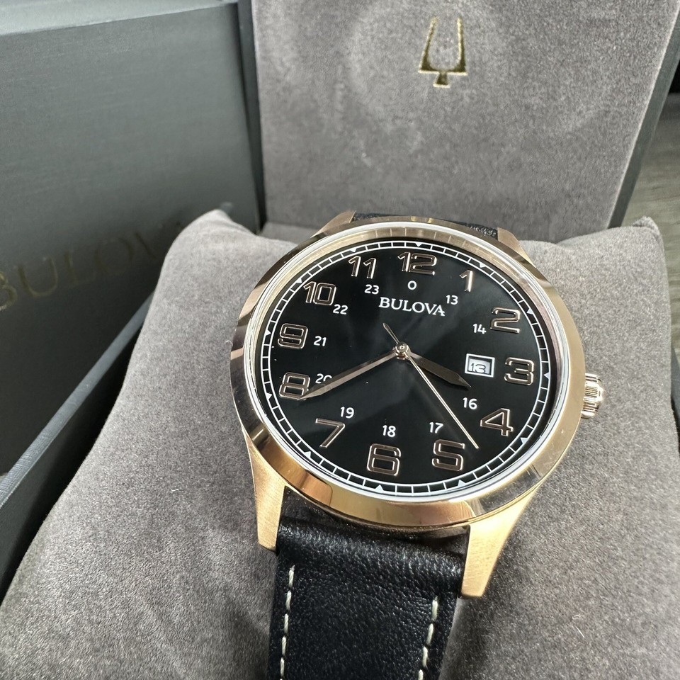 NEW Bulova Classic Rose Gold Black Date Dial Leather Men's Watch 42mm ...