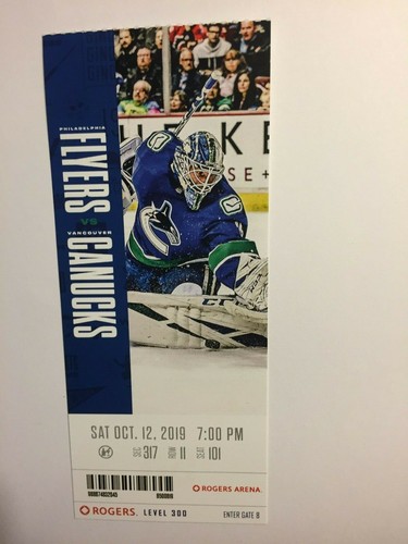 VANCOUVER CANUCKS VS PHILADELPHIA FLYERS OCTOBER 12, 2019 TICKET STUB ...