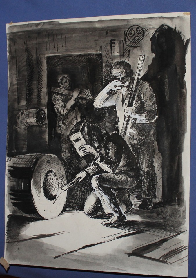 Vintage Socialist realism ink painting workers portrait welder | eBay