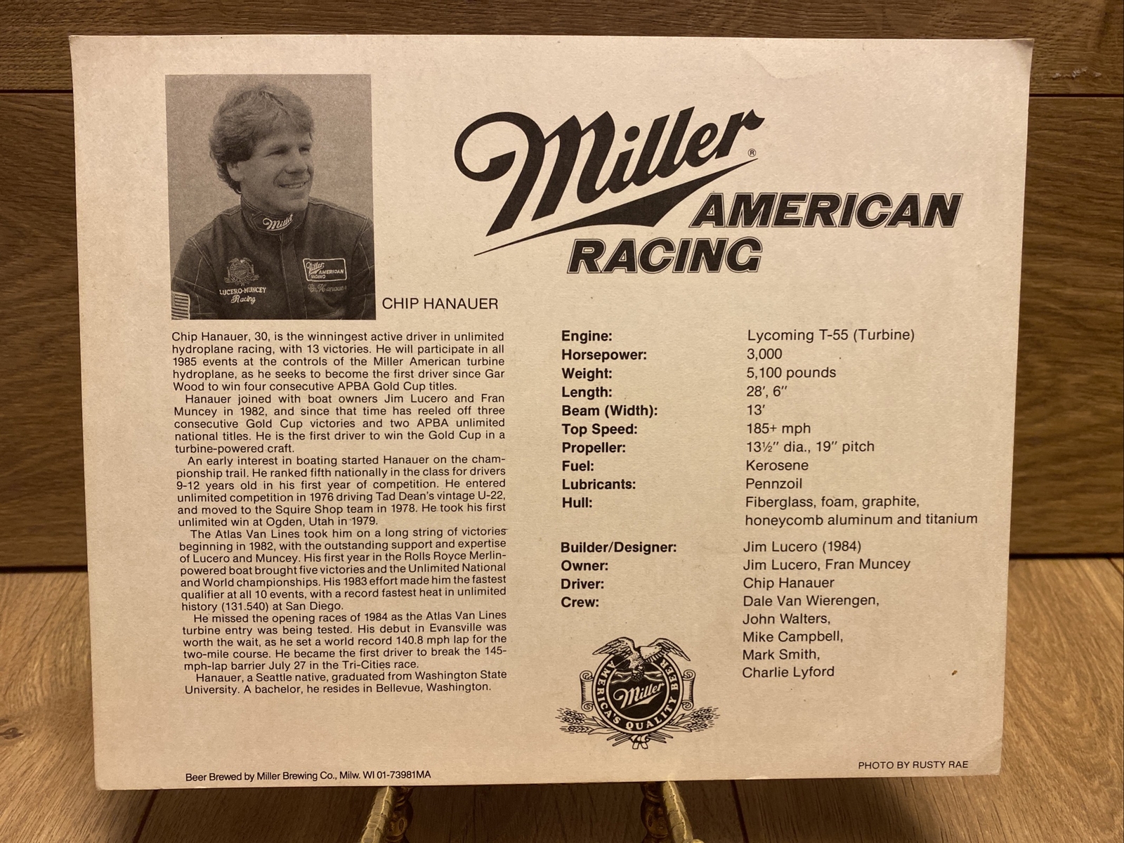 10" x 8" 1983 Miller American Racing Hydroplane Promotional Card Chip ...