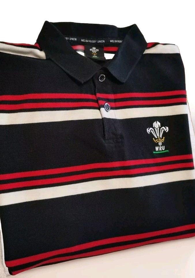 Welsh Rugby Union WRU Striped Logo Polo Shirt Men's large Black Red VGC ...