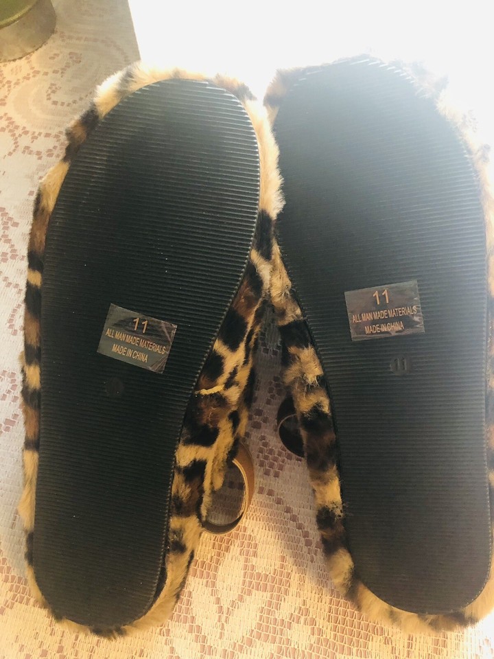 Leopard New Women Fuzzy Slide On House Slippers Open Toe Elastic Back ...