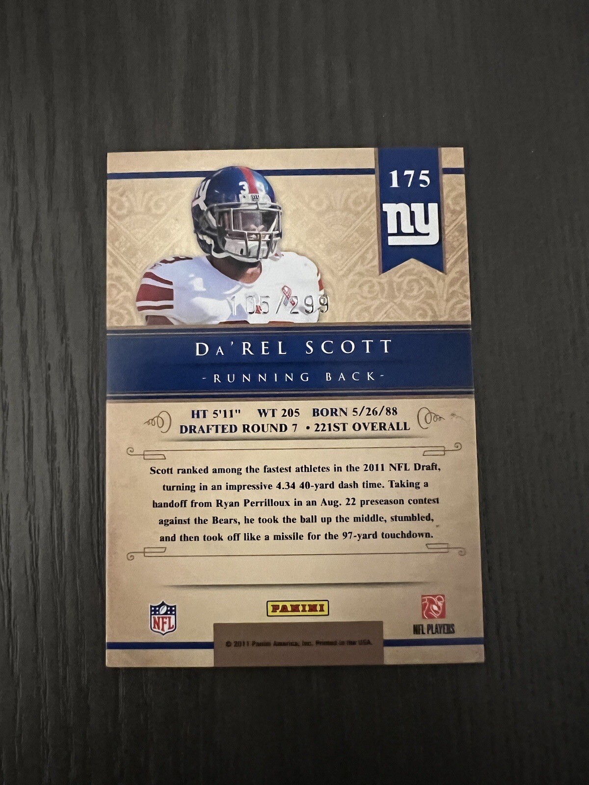 2011 Panini Gold Standard #175 DA'REL SCOTT Giants Football Card ROOKIE ...