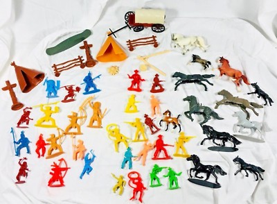 Large Lot 51 Vintage Color Cowboy & Indians Plastic Toy Figures Horses ...