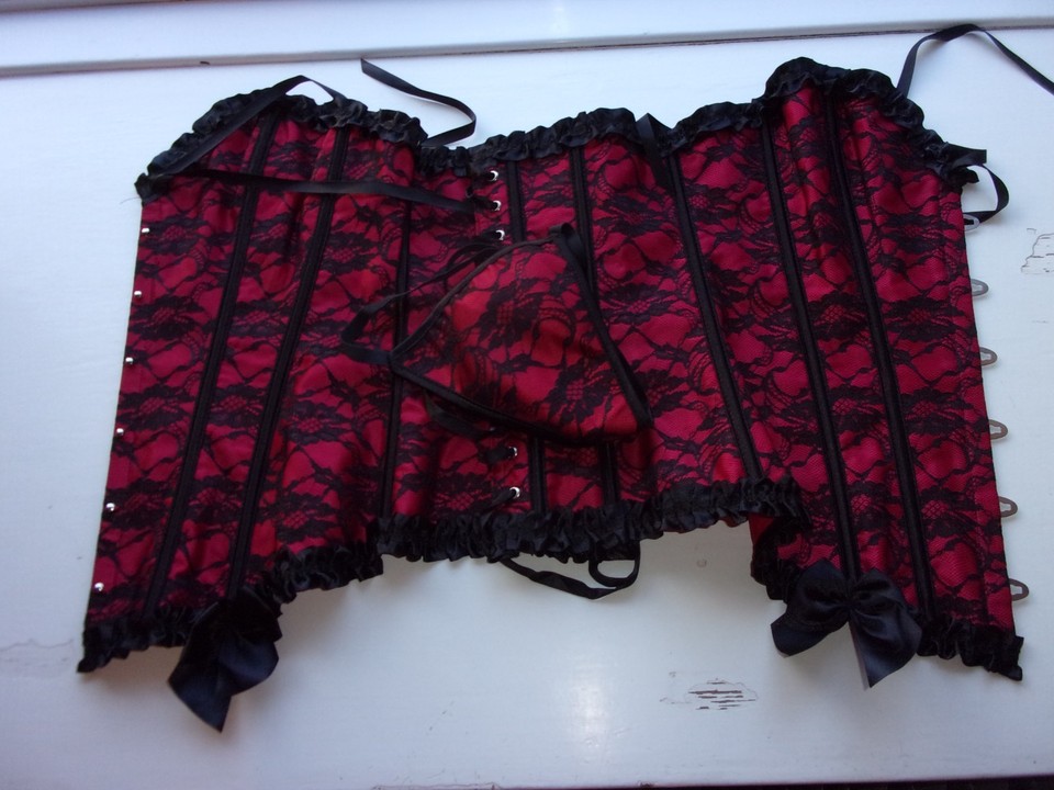 LADIES SEXY NEW Red & Black Shaper Basque Corset & G-String Size S RRP ...