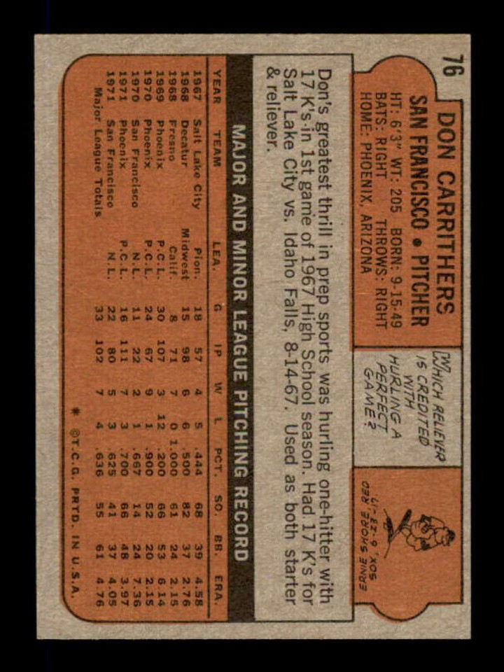 1972 Topps #76 Don Carrithers VGEX RC Rookie Giants 560795 | eBay