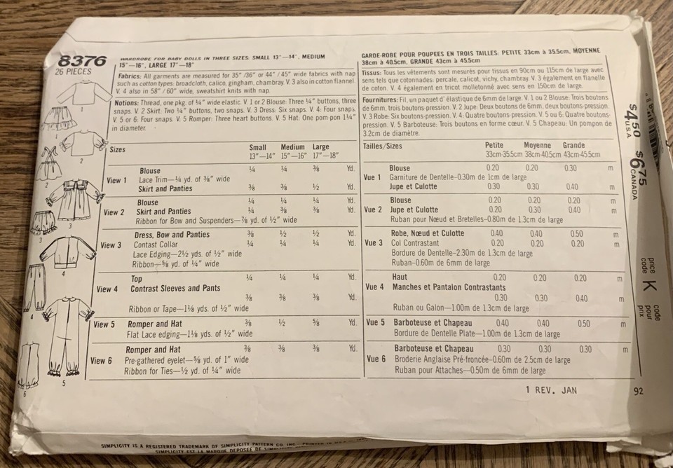 Simplicity 8376 Baby Doll Clothes Craft Sewing Pattern Size 15-16 ...