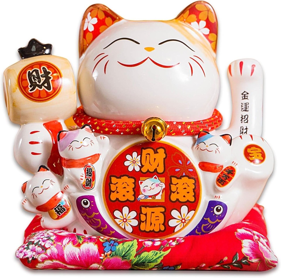 Large Ceramic Maneki Neko Beckoning Lucky Money Cat Waving Arm Good ...