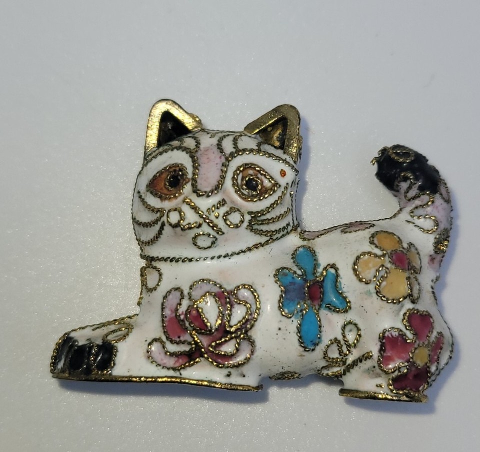 Miniature White Flower Power Cloisonné Metal Cat Figurine • Open Ears ...