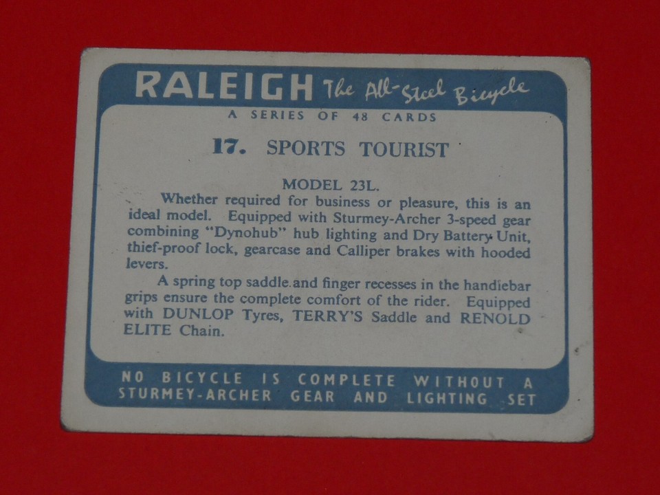 BICYCLE RALEIGH CARD 1957 BICYCLETTE VELO #17 LADY'S SPORTS TOURIST ...