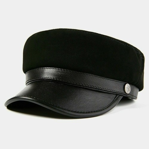 Men Women Sheepskin Leather Military Cap Hat Mariner Breton Fiddler ...