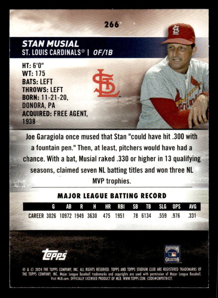 2024 Stadium Club - Pink Foil - #266 Stan Musial - St. Louis Cardinals ...