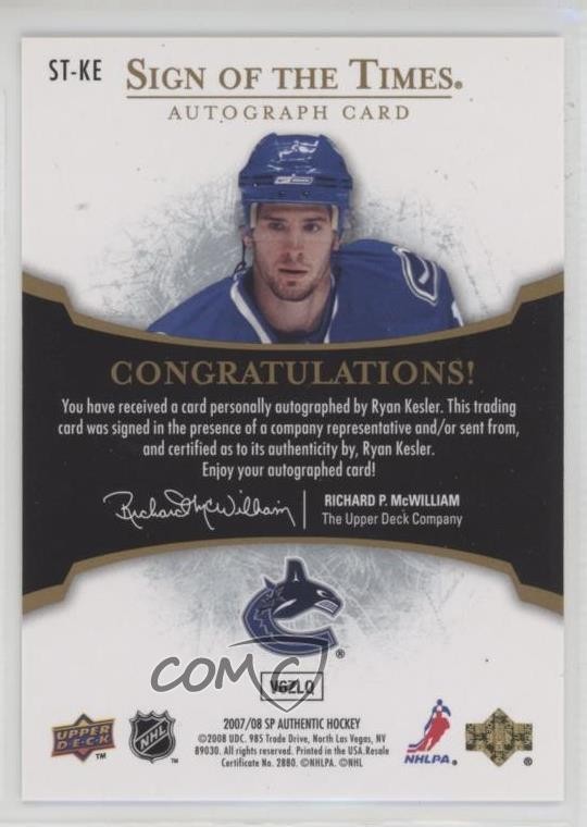 2007-08 SP Authentic Sign of the Times Ryan Kesler #ST-KE Auto | eBay