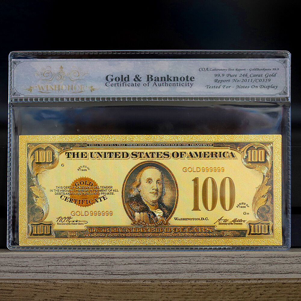100mg 24K Gold 1928 $100 Dollars Gold Certificate Banknote with White ...