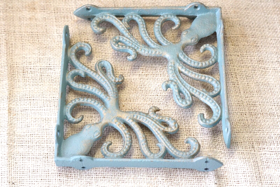 2 Cast Iron Octopus Brackets Nautical Garden Braces Shelf Corbels Ocean ...
