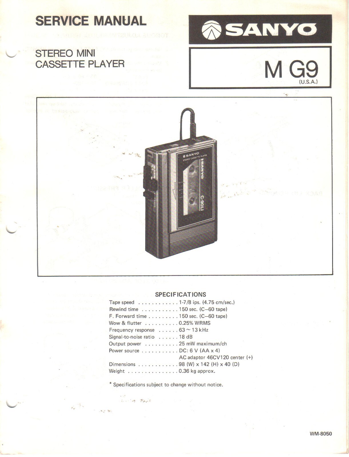 Service Manual Sanyo M-G9 (MG9) Mini Stereo Radio Portable Cassette ...