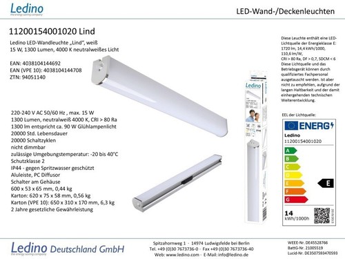 Ledino LED-Leuchte Lind Wand/Decke, 15W, IP44, 1300lm Neu | eBay.de