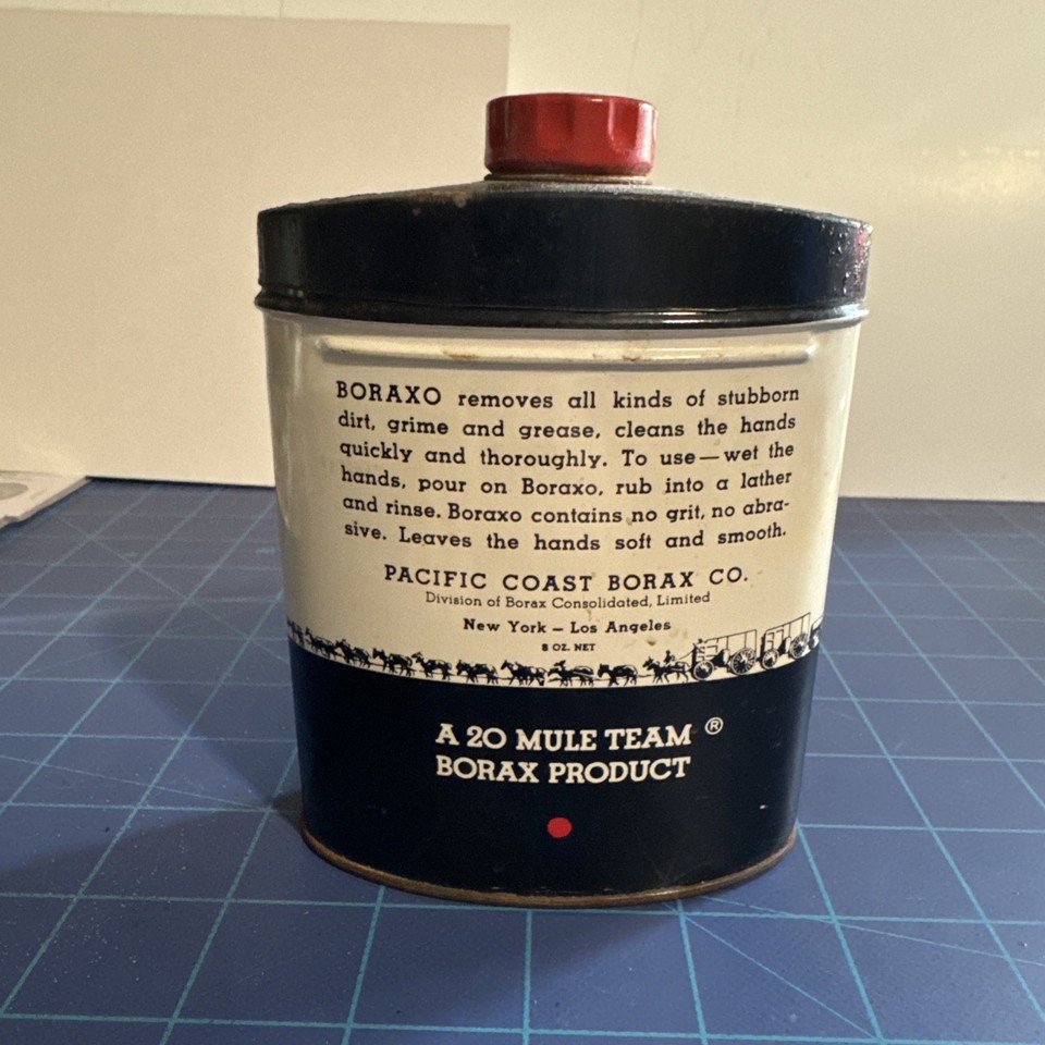 Vintage 1940s Boraxo Powdered Hand Soap 20 Mule Team Advertising Tin 8 ...