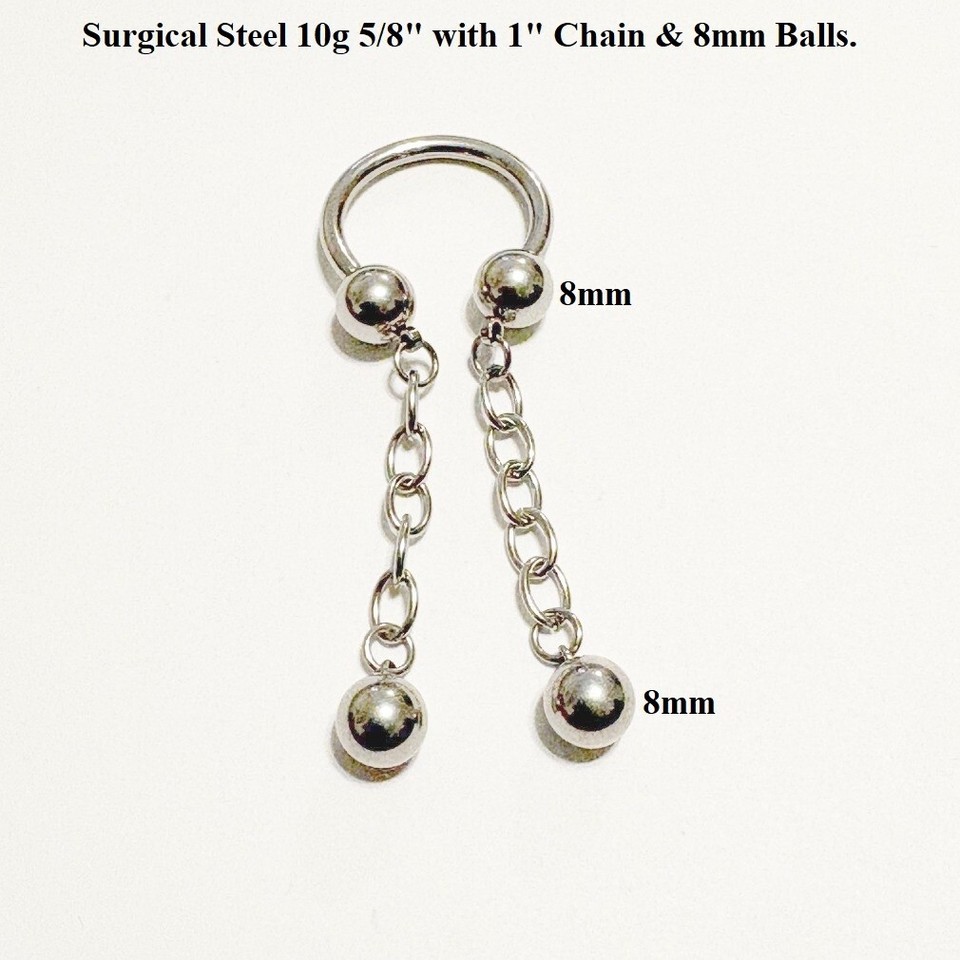 8, 10 & 12mm Balls n Chain PA Horseshoe Surgical Steel 10g 5/8 ...
