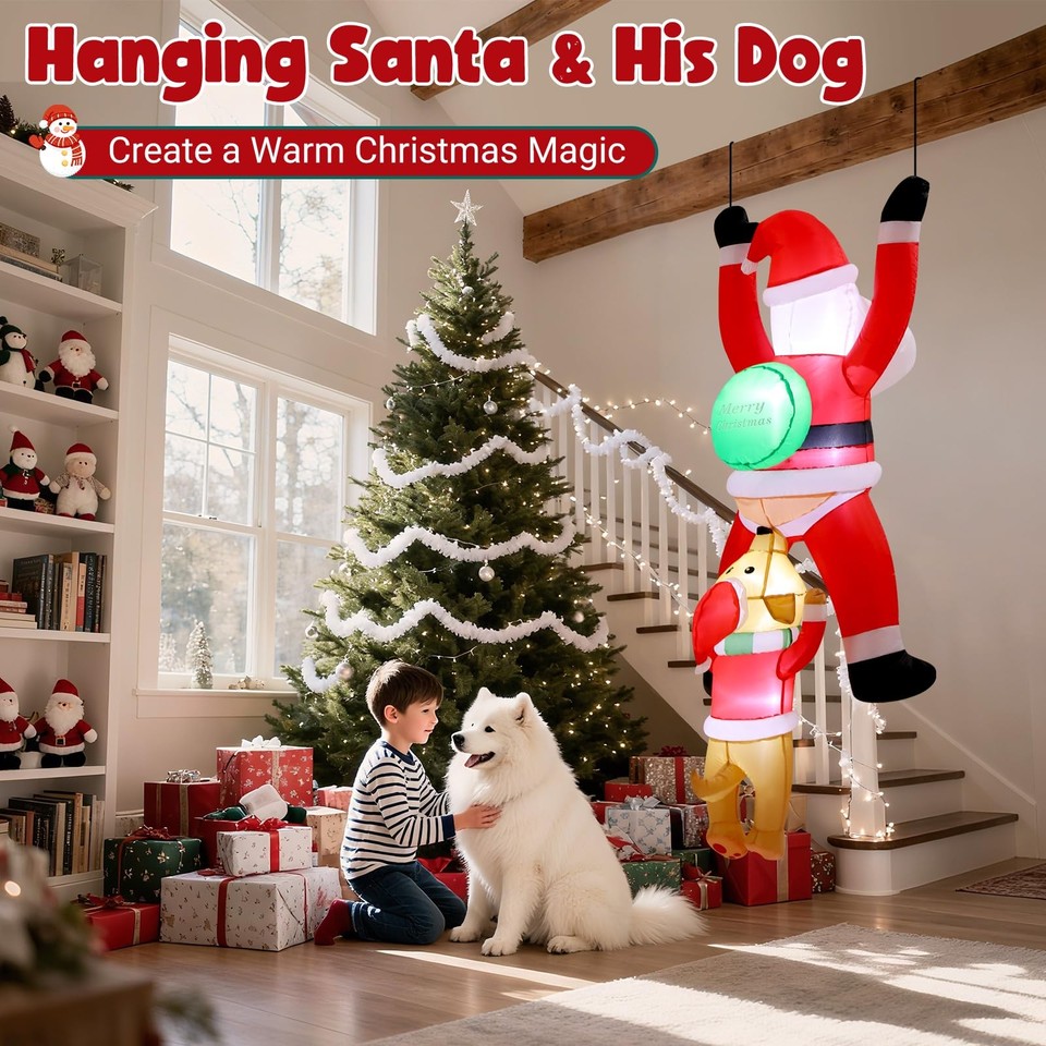 6FT Hanging Christmas Inflatables Outdoor, Climbing Santa with Dog Blow ...
