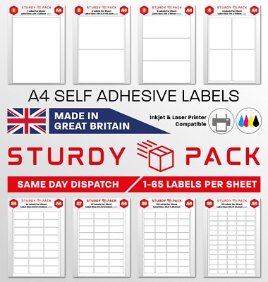 A4 LABEL SHEETS - SELF ADHESIVE STICKY LABEL INKJET LASER COPIER ...
