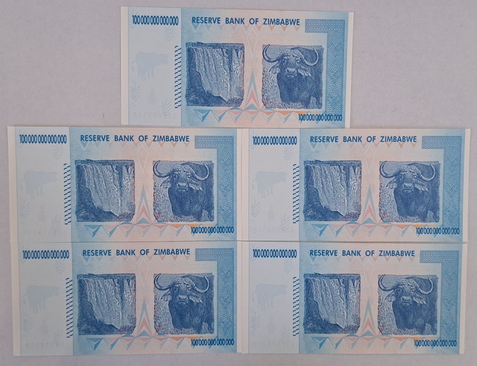 5 X 100 TRILLION DOLLAR ZIM NOTES - 2008 Unc. Seq. Serial #'s - 3 DAY ...