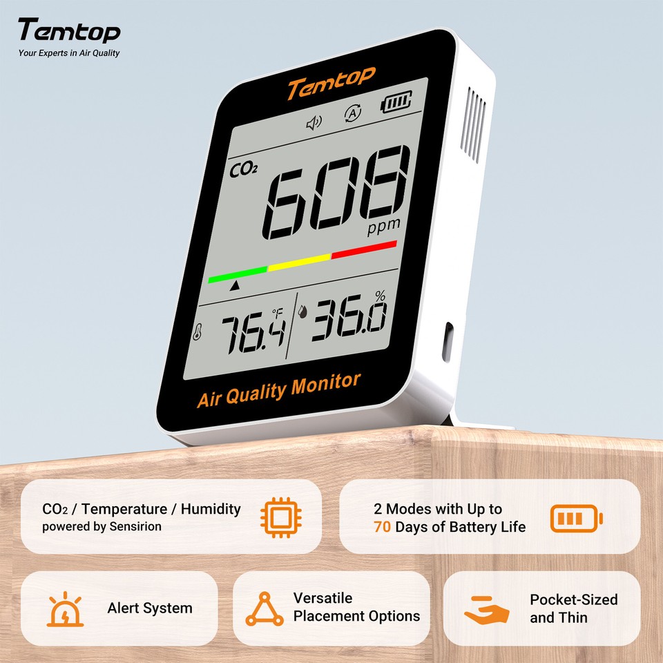 Temtop CO2 Monitor Indoor Air Quality Monitor Portable Temperature Hum ...