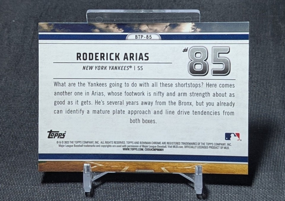 Roderick Arias Chrome Top 100 Rookie 2023 Bowman Card #BTP-85 New York ...
