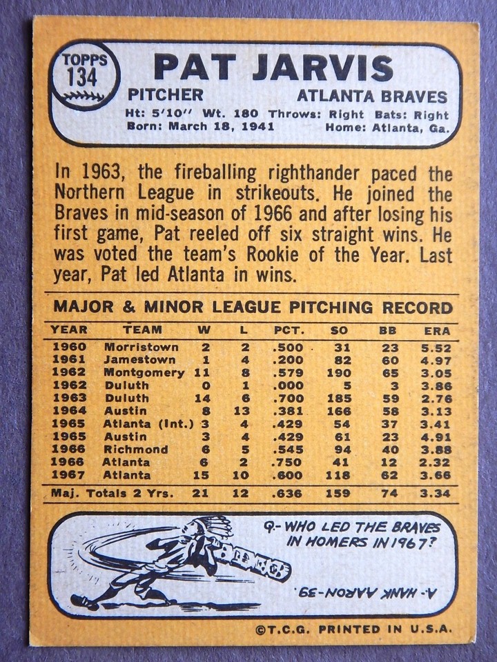 Pat Jarvis #134 Topps 1968 Baseball Card (Atlanta Braves)* | eBay
