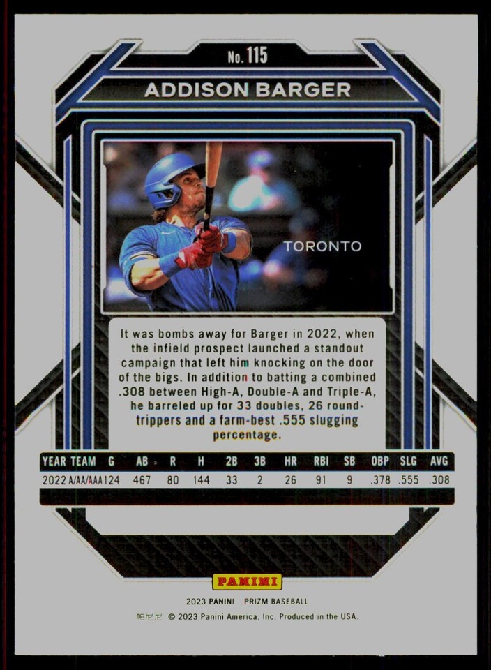 2023 Panini Prizm Baseball Card Addison Barger Toronto Blue Jays #115 ...
