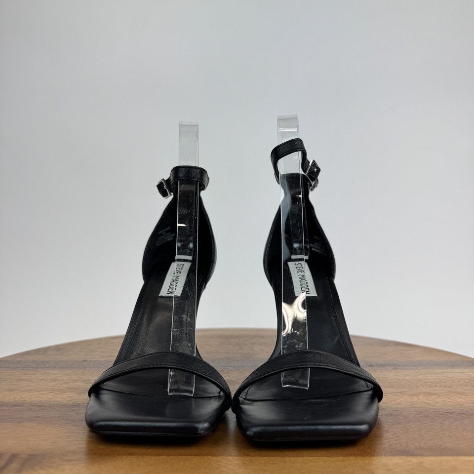 Womens Steve Madden Piked Ankle Strap Open Toed Black Leather Heels ...