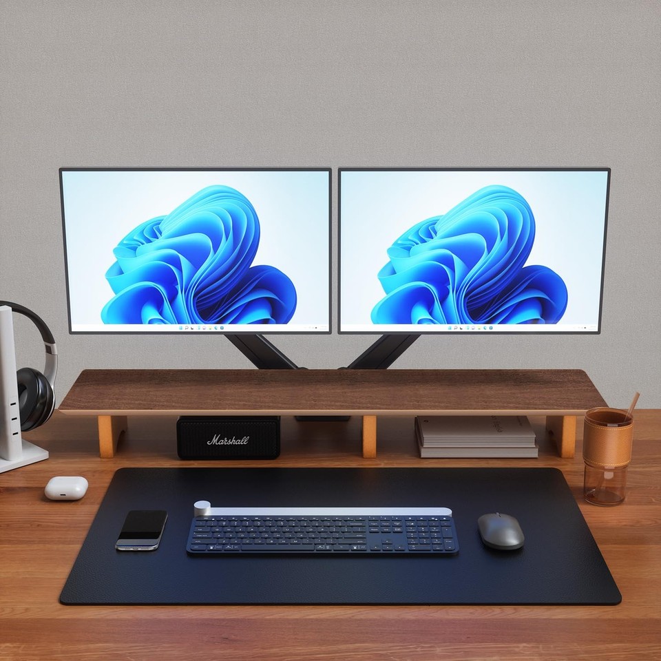 Large Dual Monitor Stand Riser, Solid Wood Desk Shelf with Eco Cork ...