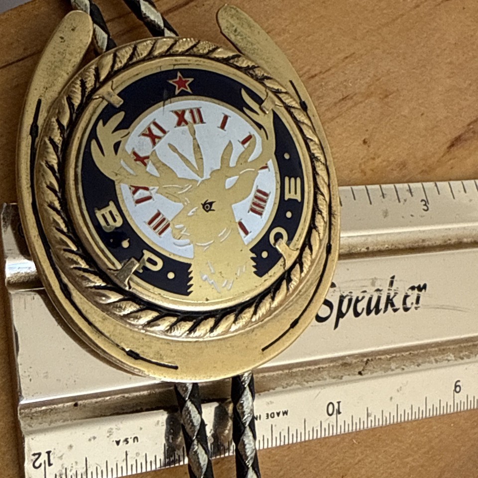 BPOE Elks Bolo Tie Deer Clock Horseshoe Western Golden Black Rope Slide ...
