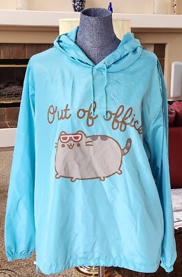 Pusheen Rain Jacket Womens Sz S Blue Out Of Office Windbreaker Hooded ...