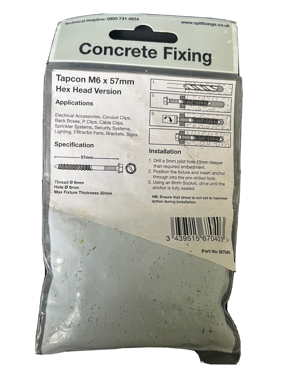 SPIT Tapcon M6 X 57mm Hex Head Version Concrete Screws Brick Anchors ...