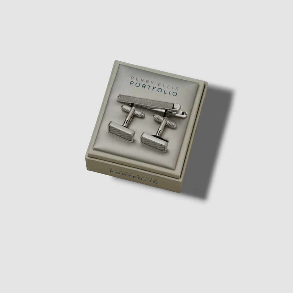 $49 Perry Ellis Portfolio Men's Silver Textured Tie Bar & Cufflink Set ...