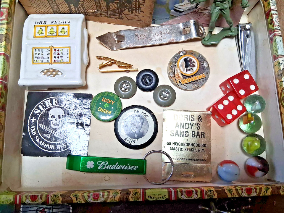 Junk Drawer lot in cigar box Vintage and nostalgic items Junk Box Hero ...