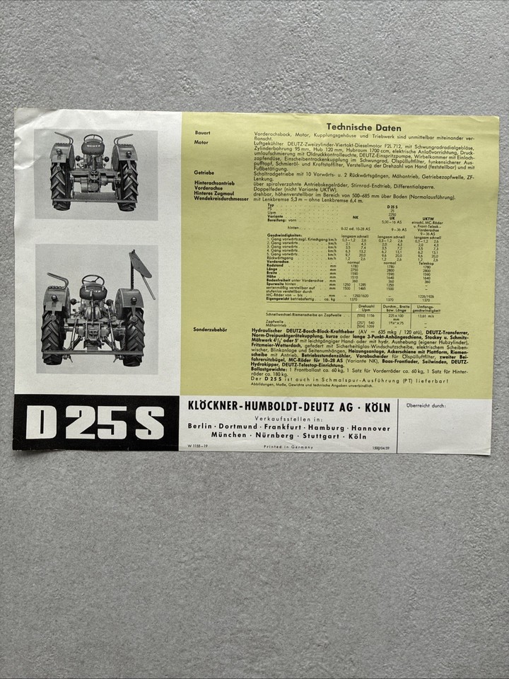 Original Prospekt Deutz D25 S Dieselschlepper Traktor Fendt Schlüter ...