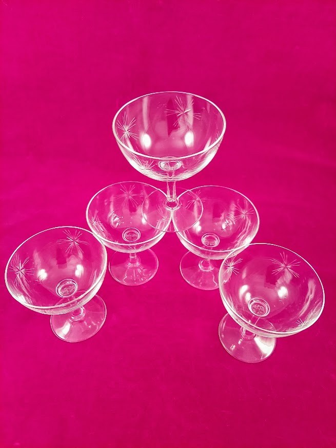 5 Vintage Atomic Starburst Sherbet Glasses Stars Cut Glass Champagne ...