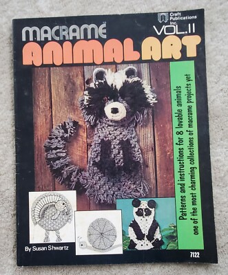 Vtg MACRAME ANIMAL ART racoon chimp PANDA bear Rabbit Sheep Lamb skunk ...