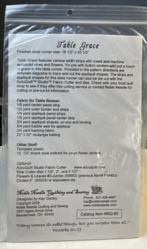 Table Grace Pattern Designed By Kay Gentry Noble Needle Quilting And ...